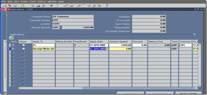 Oracle Applications: How to write off small receipt amount